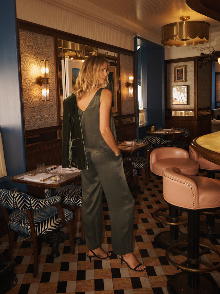 Verity Viscose Satin Vest in Khaki | NRBY Clothing