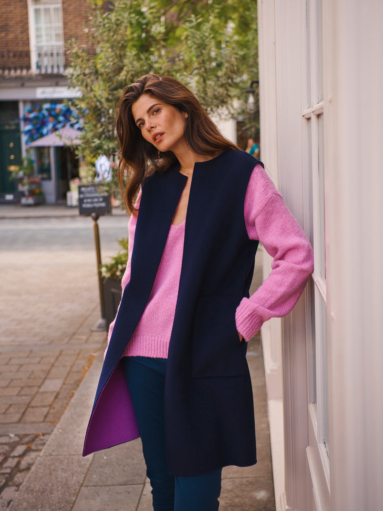 Audrey wool rich reversible sleeveless gilet pink/navy | NRBY Clothing