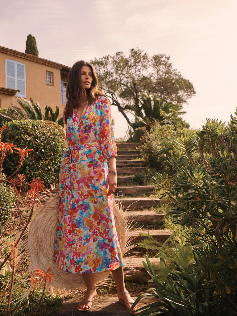 Nina Silk Watercolour Splash Maxi Dress | NRBY Clothing