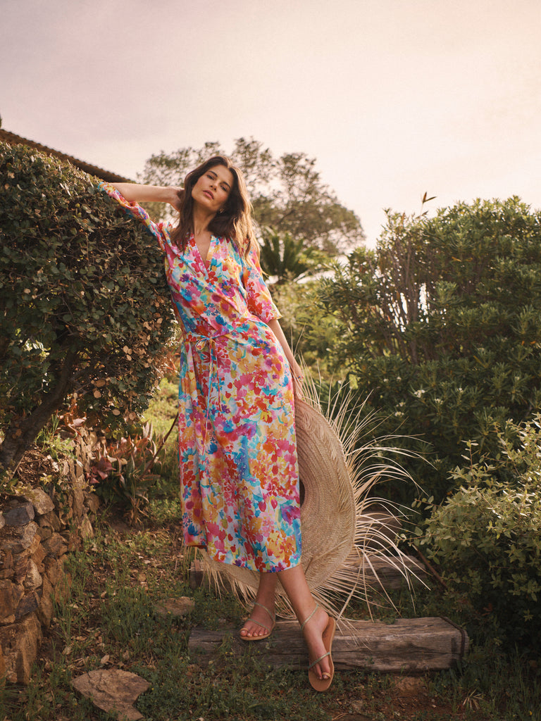 Nina Silk Watercolour Splash Maxi Dress | NRBY Clothing