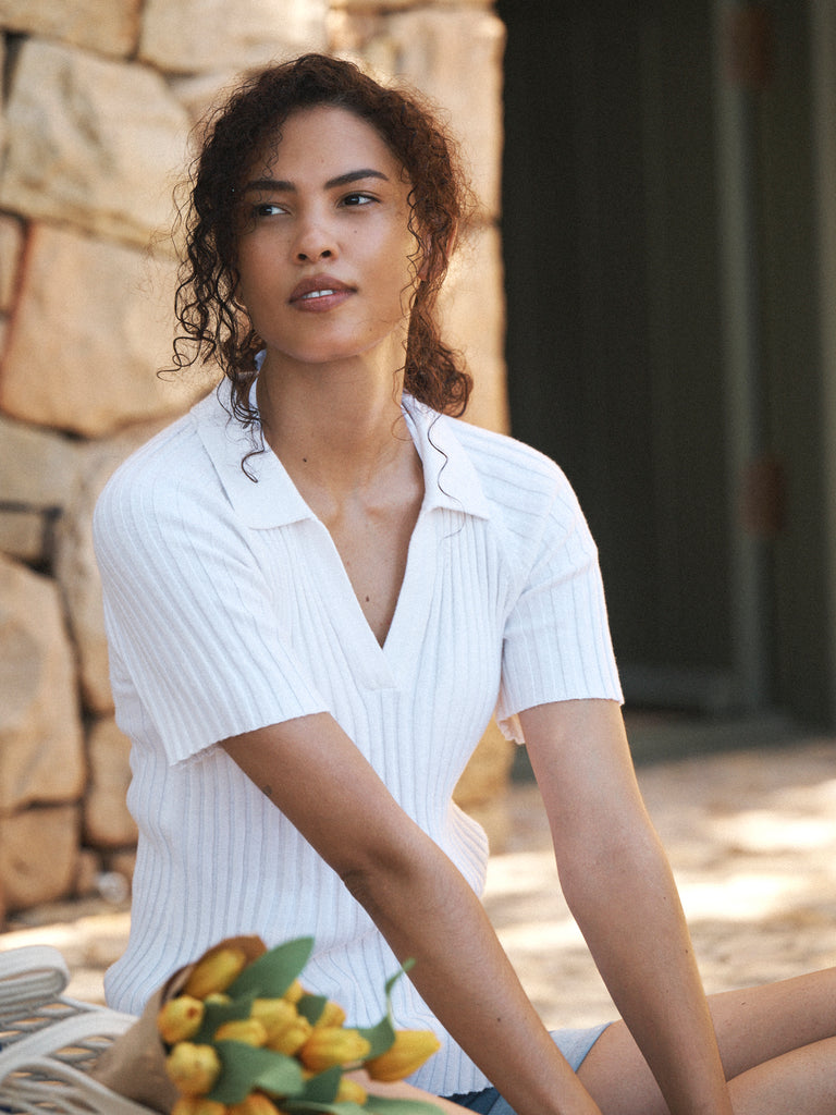 Hannah Cotton Cashmere Ribbed Polo Shirt in White | Women's Essential ...