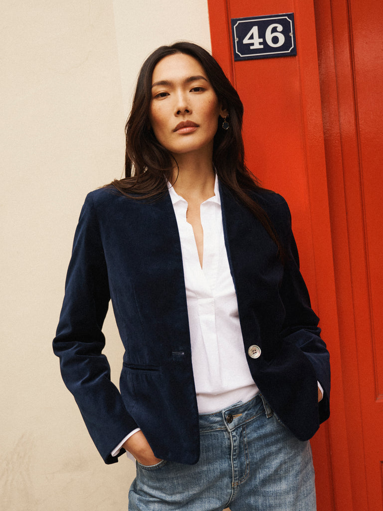 Jay Cotton Velvet Jacket in Dark Navy | Women's Luxury Blue Velvet ...