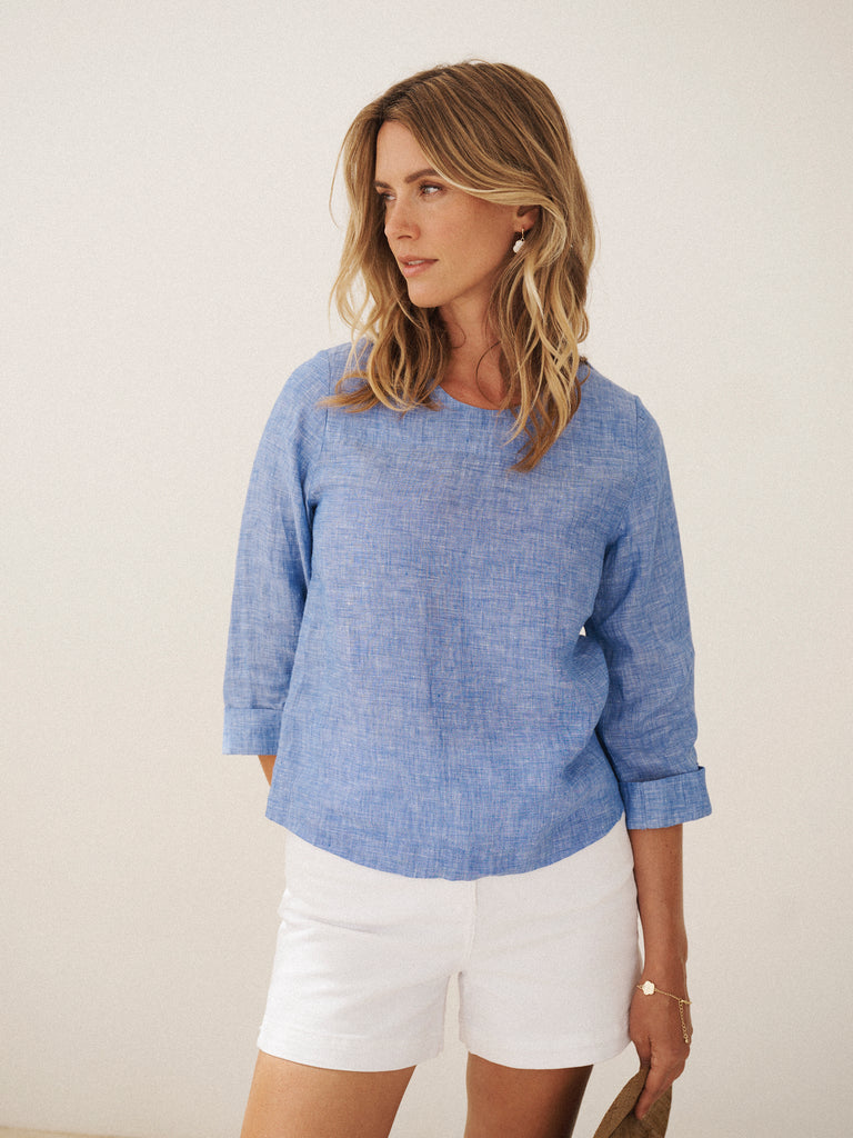 Julie Linen Cross Dyed Top in Bright Blue | NRBY Clothing