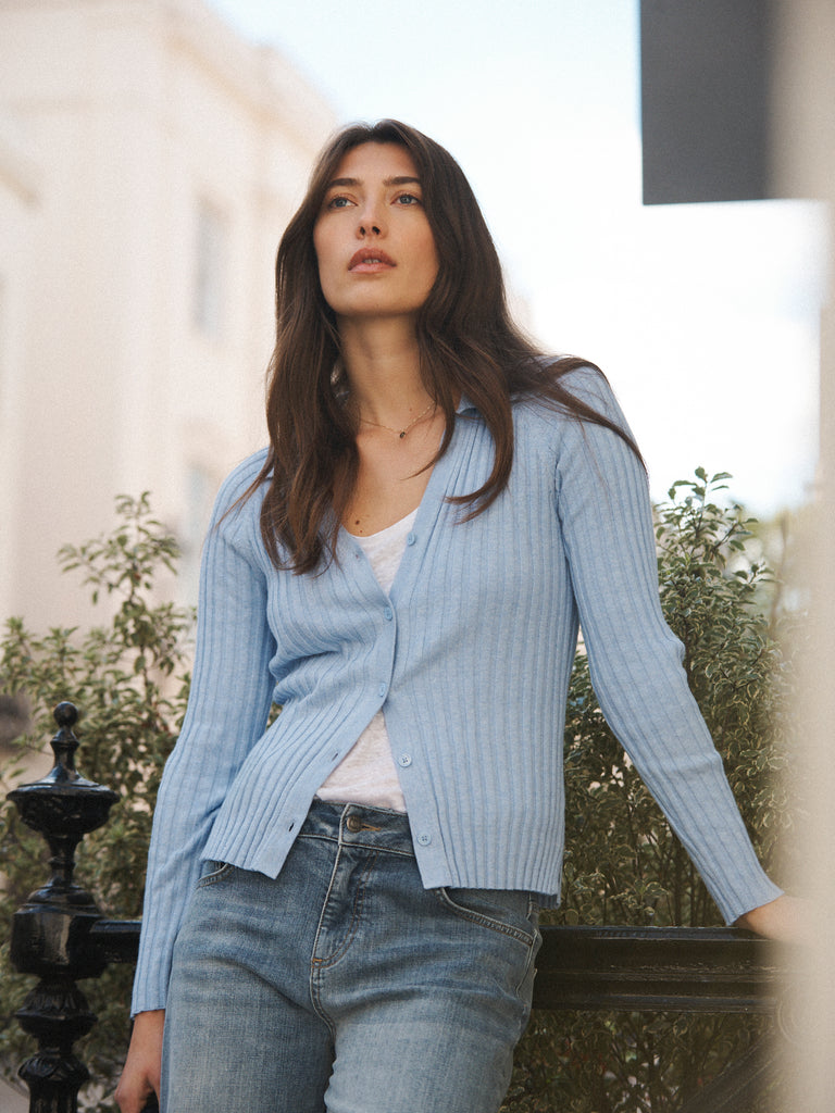Kendra Cotton Cashmere Ribbed Cardigan in Blue | NRBY Clothing