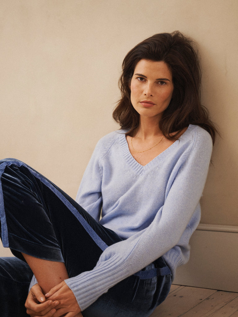 Mari Cashmere V Neck Sweater in Soft Blue | NRBY Clothing