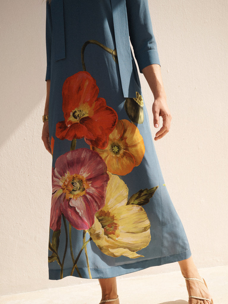 Monique Silk Poppy Print Dress in Bluestone | NRBY Clothing