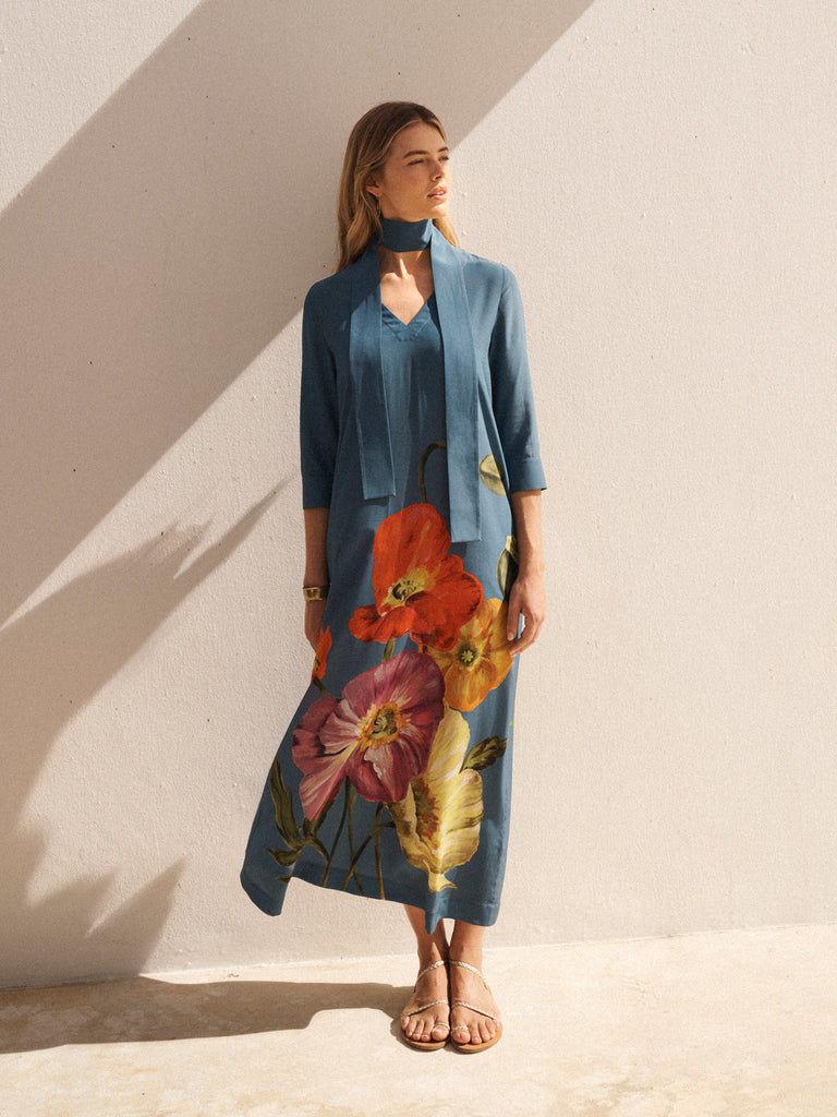 Monique Silk Poppy Print Dress in Bluestone | NRBY Clothing