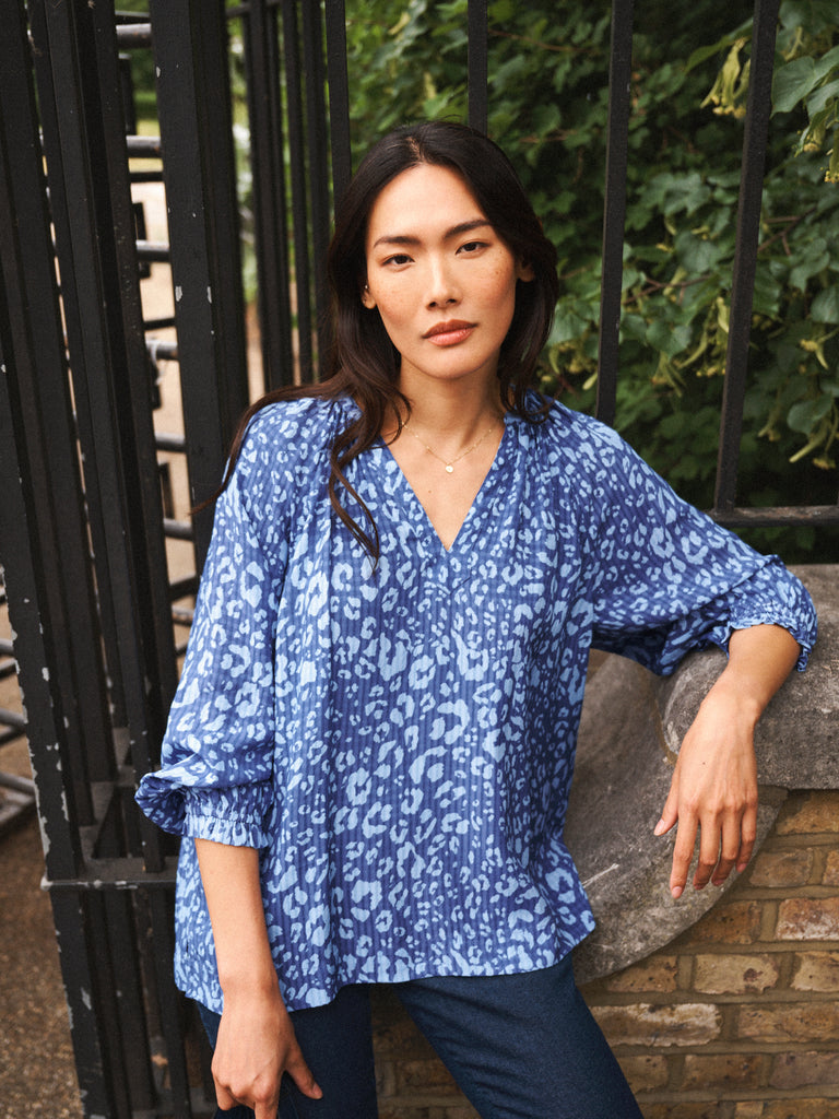 Nicola Viscose Tonal Animal Print Top in Blue | Women's Luxury Shirt ...