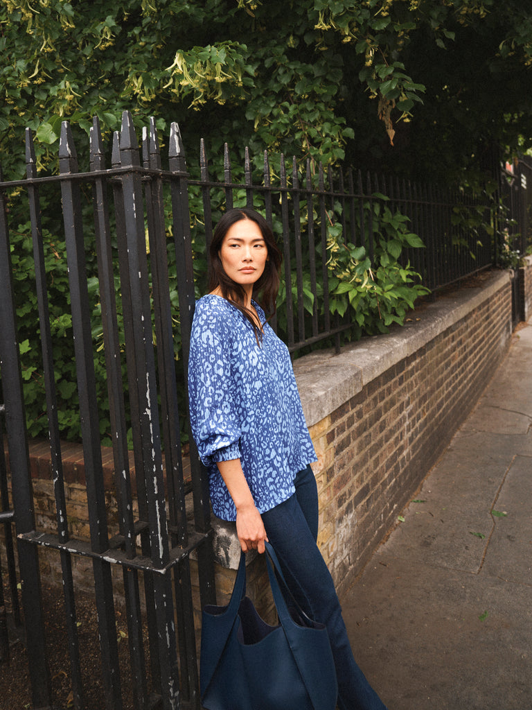 Nicola Viscose Tonal Animal Print Top in Blue | Women's Luxury Shirt ...
