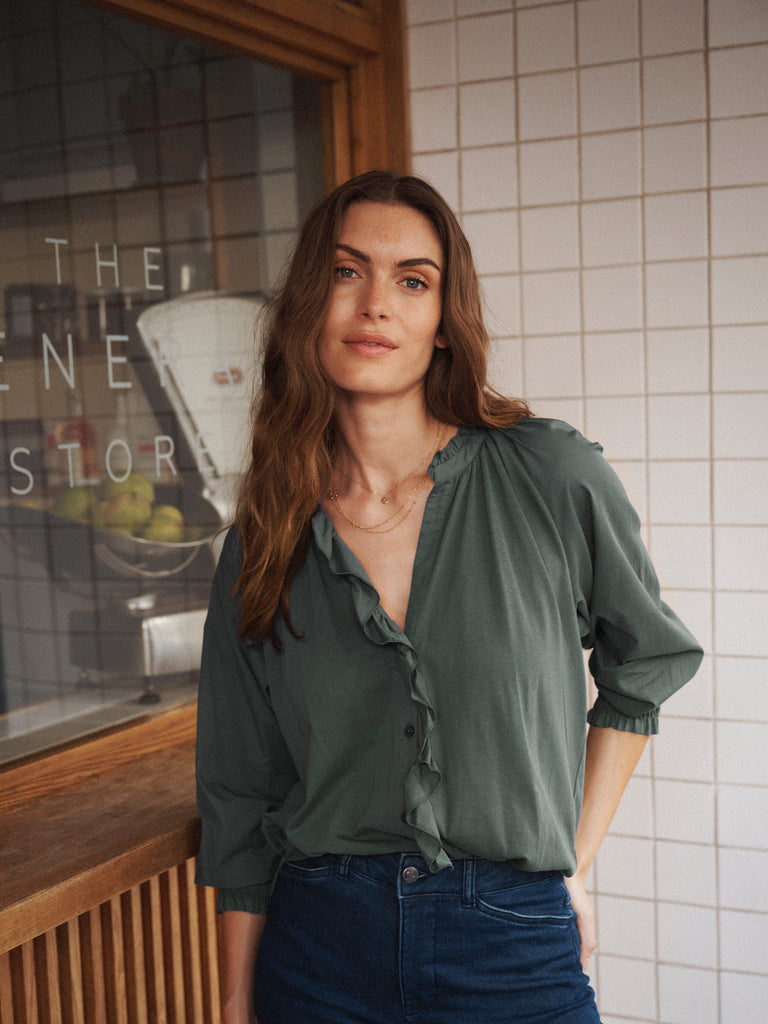 Stevie Cotton Frill Shirt in Khaki | NRBY Clothing
