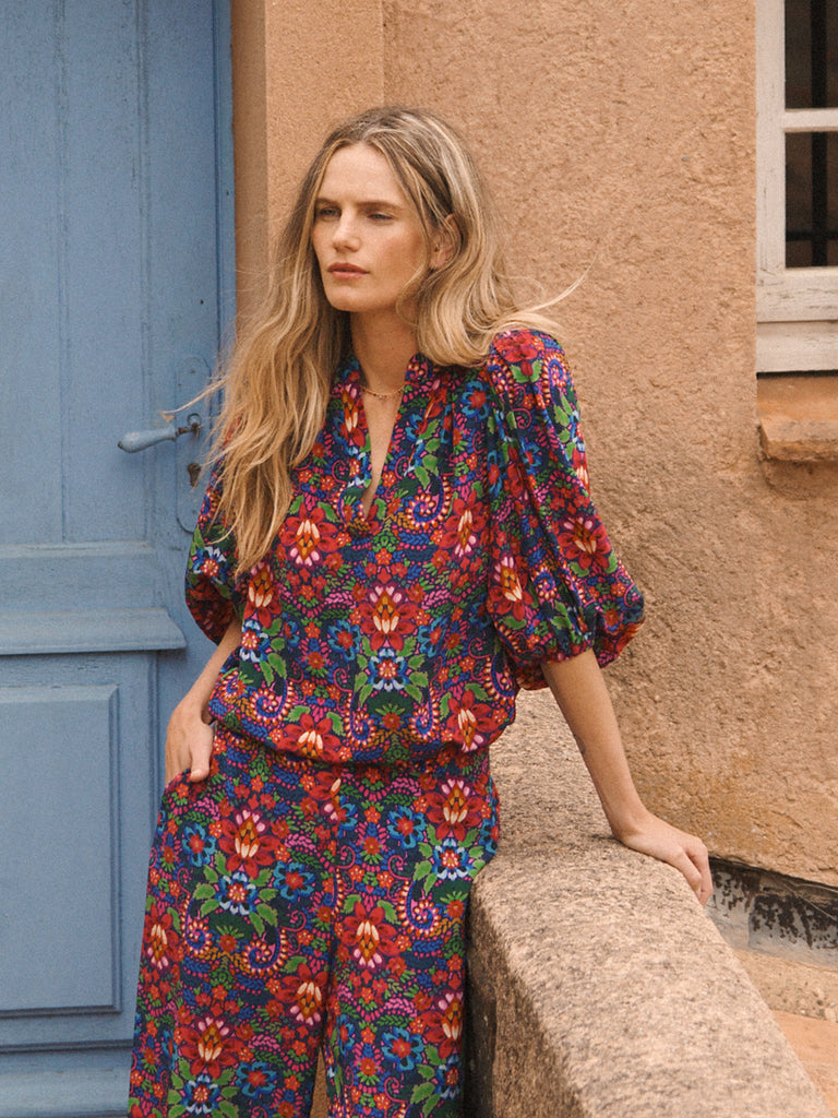 Phoebe Silk Dark Floral Ikat Print Shirt in Multi | NRBY Clothing