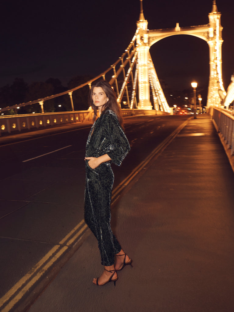 Pip velvet jumpsuit in Khaki Animal Print | NRBY Clothing