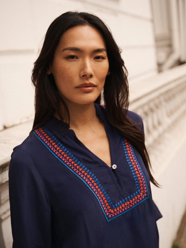 Vaila Embroidered Top - Navy | Women's Luxury Summer Shirt | NRBY Clothing