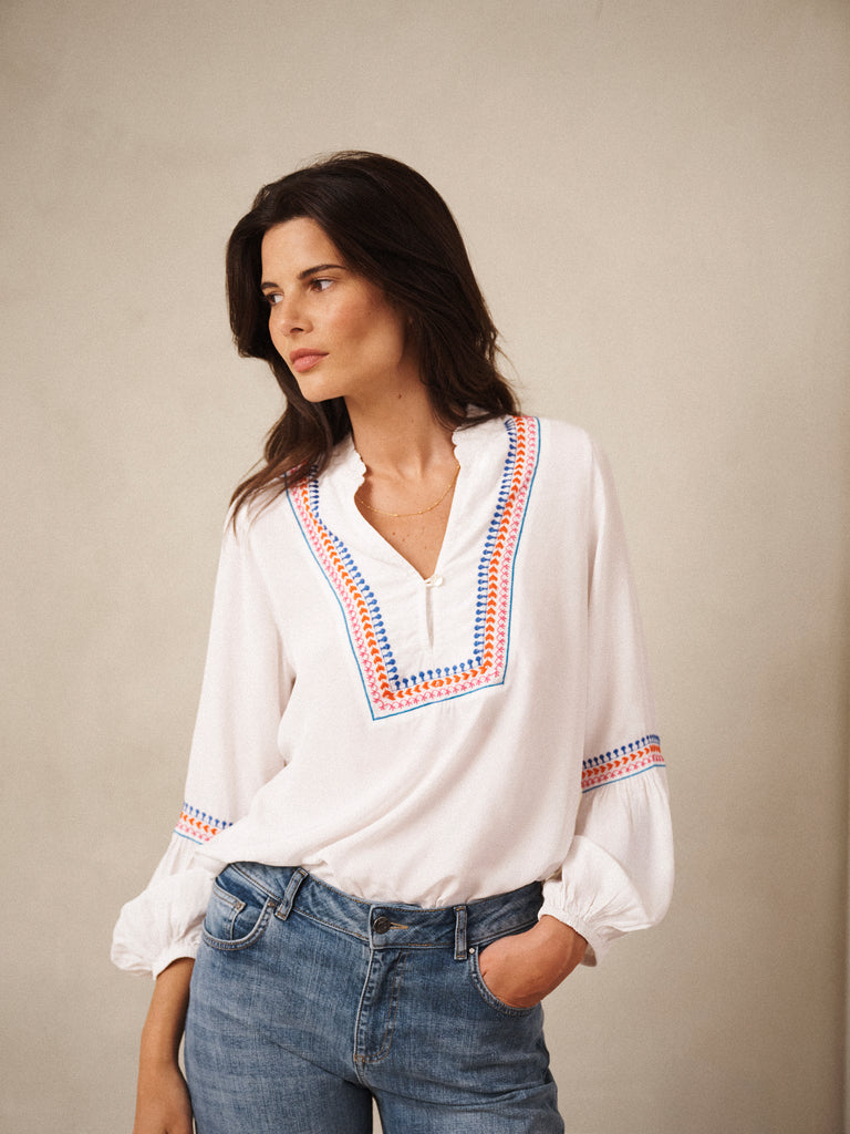 Vaila Embroidered Top - White | Women's Luxury Summer Shirt | NRBY Clothing