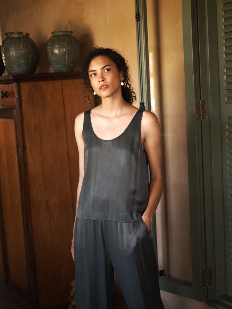 Verity Viscose Satin Vest in Khaki | NRBY Clothing