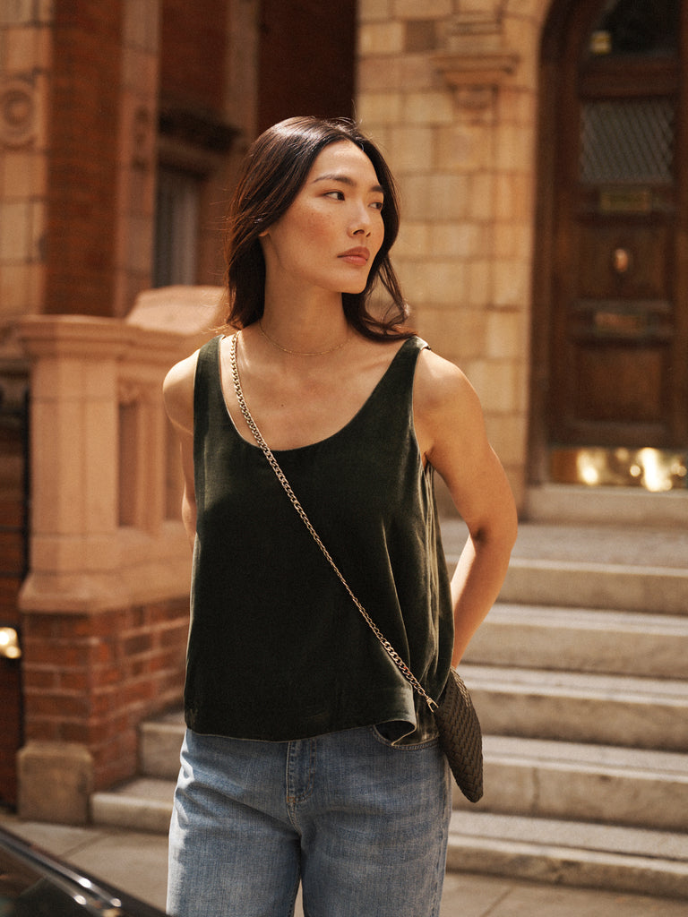 Violet velvet vest in Khaki | NRBY Clothing