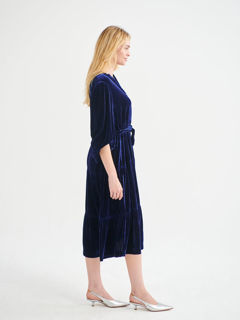 Ana Velvet Tiered Dress in Silk Blend Navy Velvet | NRBY Clothing